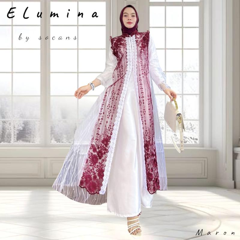 ELUMINA One set gamis Outer putih panjang tile bordir renda 2in1 - Shop ...