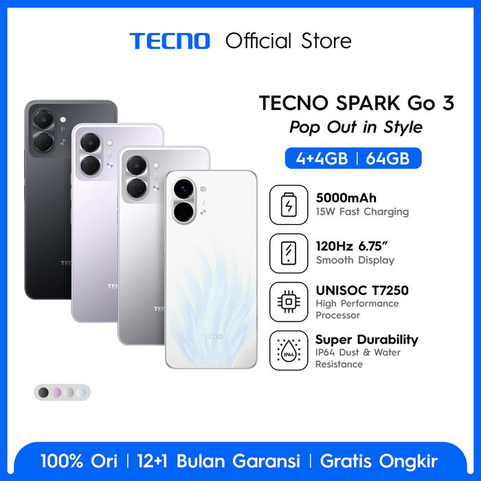 Promo TECNO SPARK Go 3 4GB+4GB*/64GB, IP64, 6.75" HD+, 120Hz Smooth ...