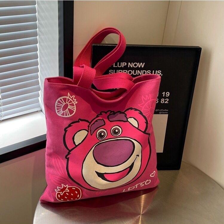 2024 NEW LOTSO STRAWBERRY BEAR Women Canvas Tote Bag Large Capacity ...