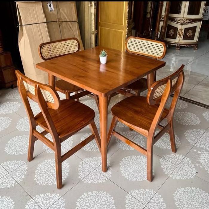 Jual Set meja makan kayu jati Kursi makan rotan cafe jati Meja makan ...