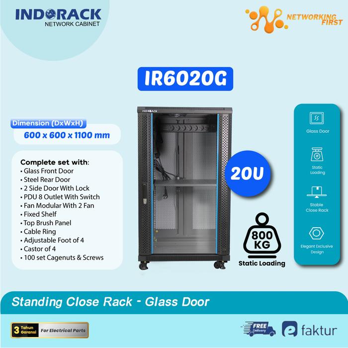 Jual IR6020G Indorack Close Rack 20U Depth 600mm Glass Door Rak Server ...