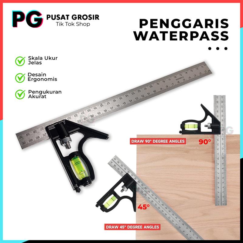Penggaris Siku Waterpass Mistar 30cm garisan alat ukur stainless ...