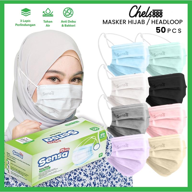 Masker SENSA PLUS Hijab Headloop 3ply isi 50pcs - Shop | Tokopedia