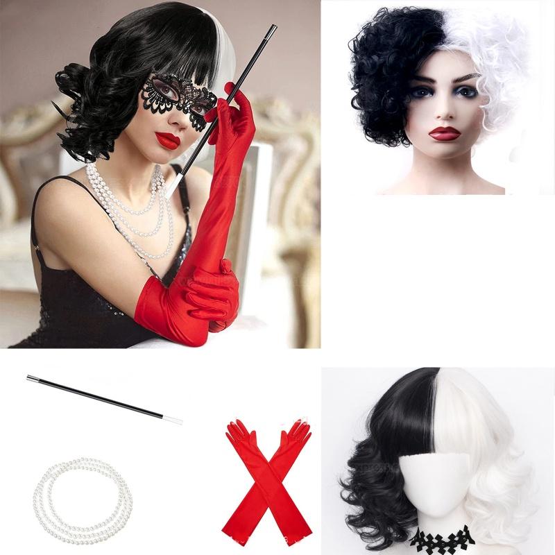 Anime Cruella De Vil Cosplay Wig Props Cruly Half Black and Half ...