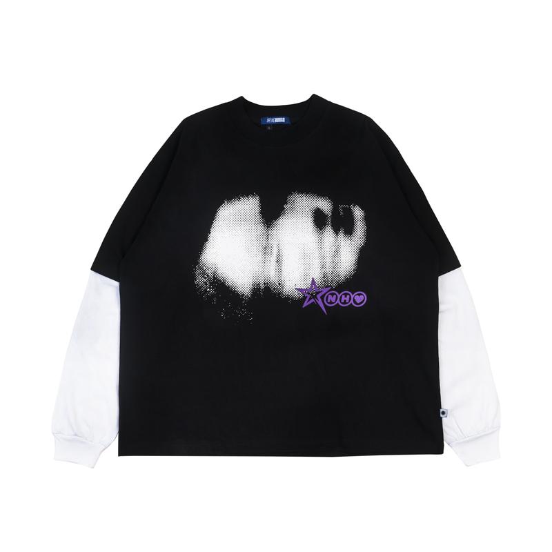 NOTHING HUMAN OVLES DOUBLE SLEEVE BOXY FIT BLACK AND WHITE - Shop ...