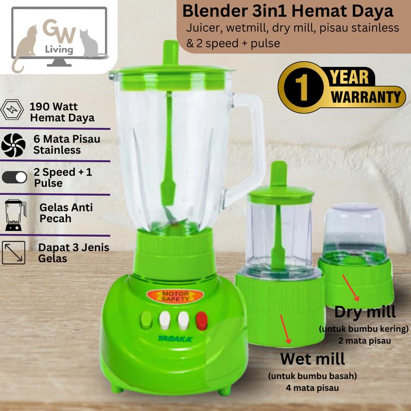 (COD) Blender Anti Pecah 3in1 Stainless Chopper Wetmill Drymill Hemat ...