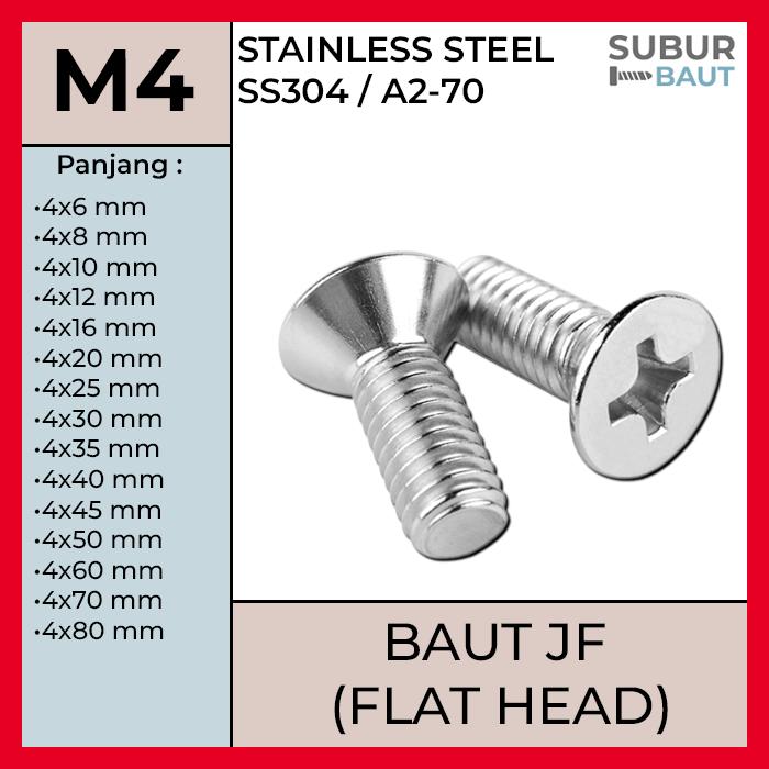 Jual Baut JF Stainless m4 Baut Obeng Plus Kepala Rata m4x6 m4x8 m4x10 ...