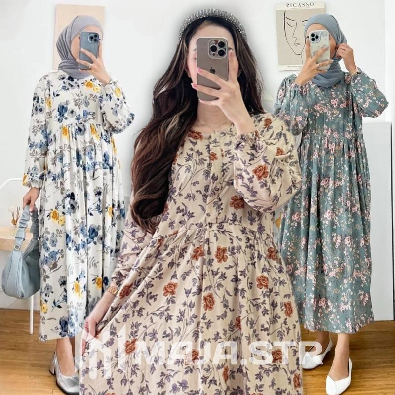 Midi Dress Long Tunik Motif Bunga Bahan Rayon Viscose Resleting - Shop ...