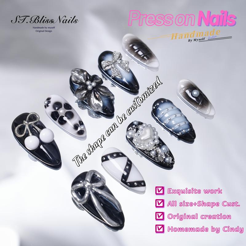 [Homemade][P023]Press on nails;Almond,Black&White,Chrome Carving ...