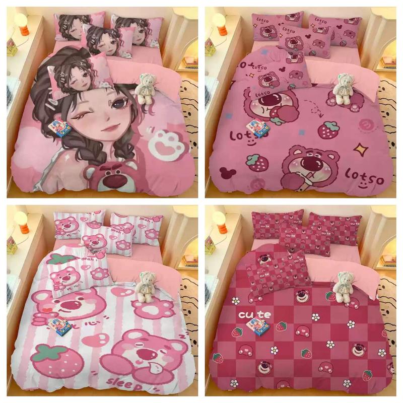 Lotso Bear 3IN1 Strawberry Bed Sheet Quilt Cover Pillowcase Bedding ...