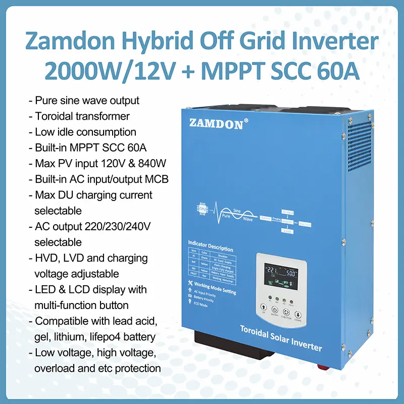 Zamdon Toroidal Hybrid Off-grid Solar Inverter 12V2KW with 60A MPPT SCC ...