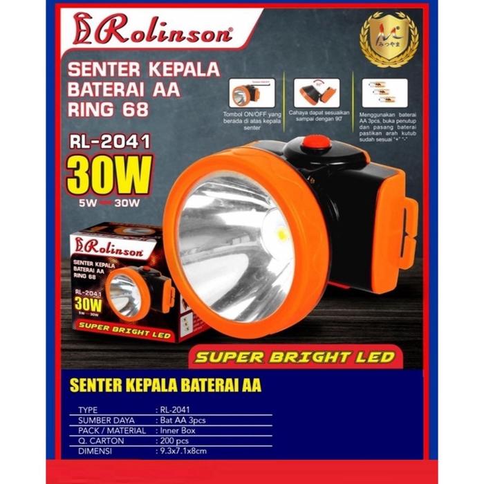 Jual RL 2041 Senter Kepala 30Watt Batere A2 Ring 68 Headlamp Rolinson ...