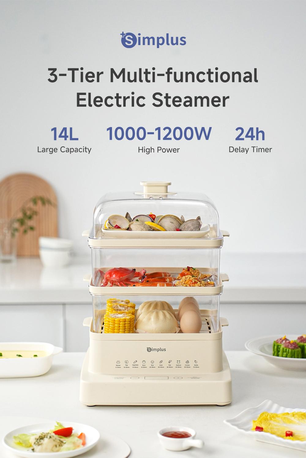 Simplus Electric Steamer 3-Layer 14L Capacity 24h Delay Timer Keep Warm ...