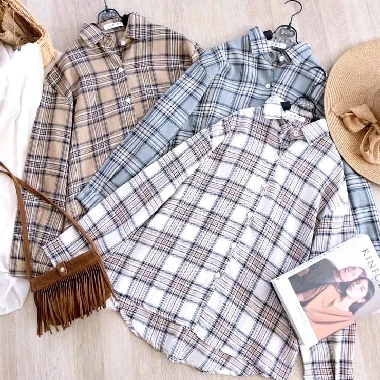 Kemeja Wanita Kotak Kotak Soft Atasan Panjang Cewek Casual Katun - Shop ...
