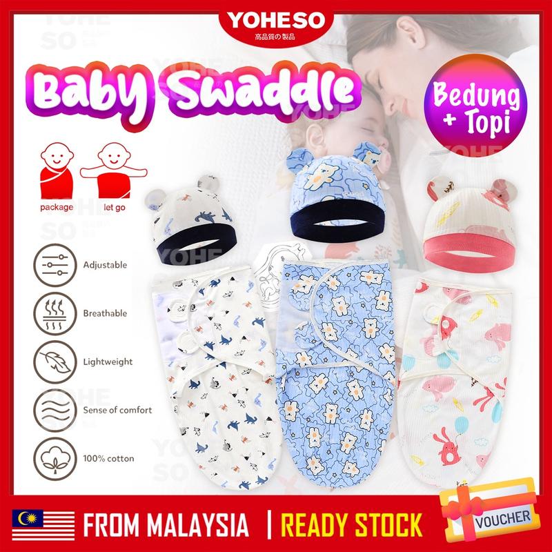 YOHESO Newborn Baby Cotton Swaddle Blanket with Hat Kain Bedung ...
