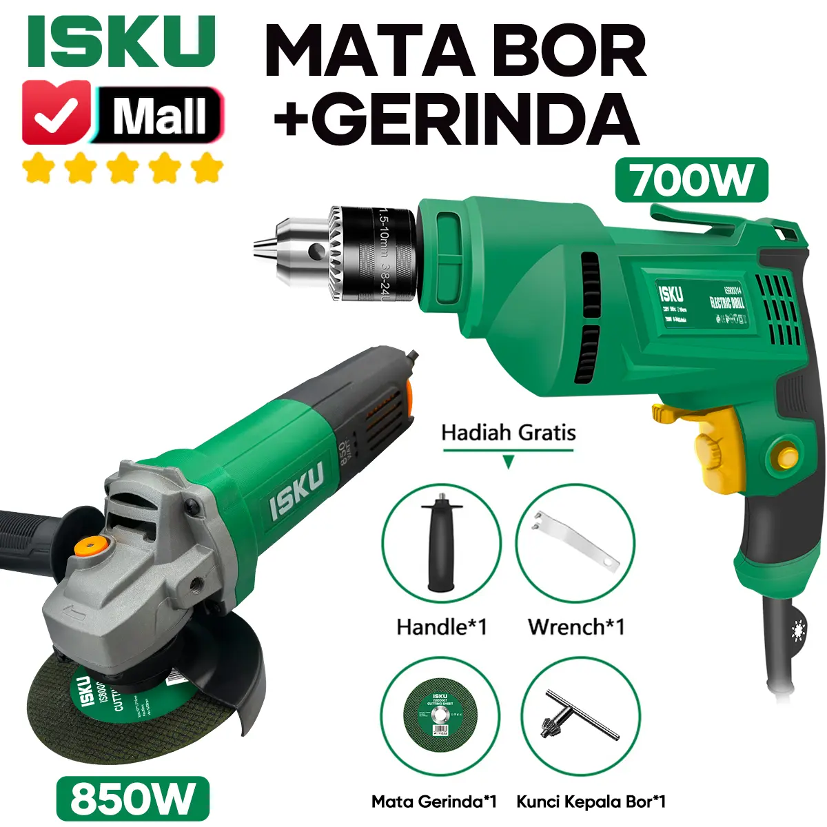 ISKU Paket Kombo Mesin Bor Listrik Tangan 10mm 700W Gerinda Tangan 4 ...