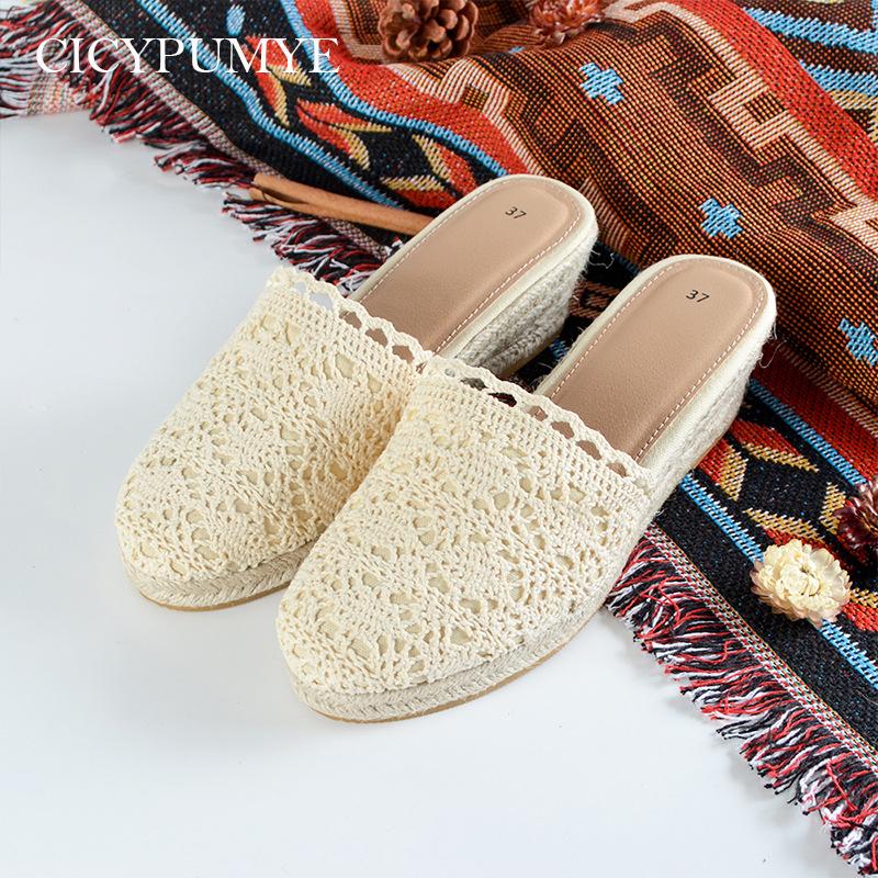 Spring and summer linen woven slippers with lace on the outside ...
