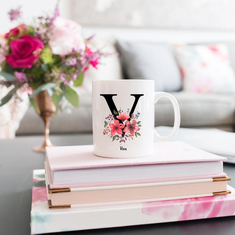 Mug Custom Dengan Huruf Inisial motif Bunga Ukuran 320 ml Bahan Mug ...