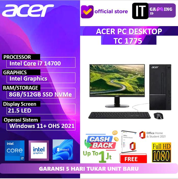 Promo ACER PC DESKTOP TCX I7 14700 H610 8GB 512GB W11+OHS +LED 21.5 ...