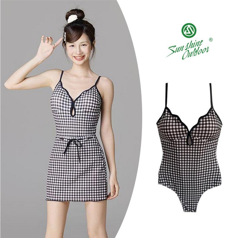 High end Women's One piece Retro Simple Swimsuit, Waist cinching Plaid ...
