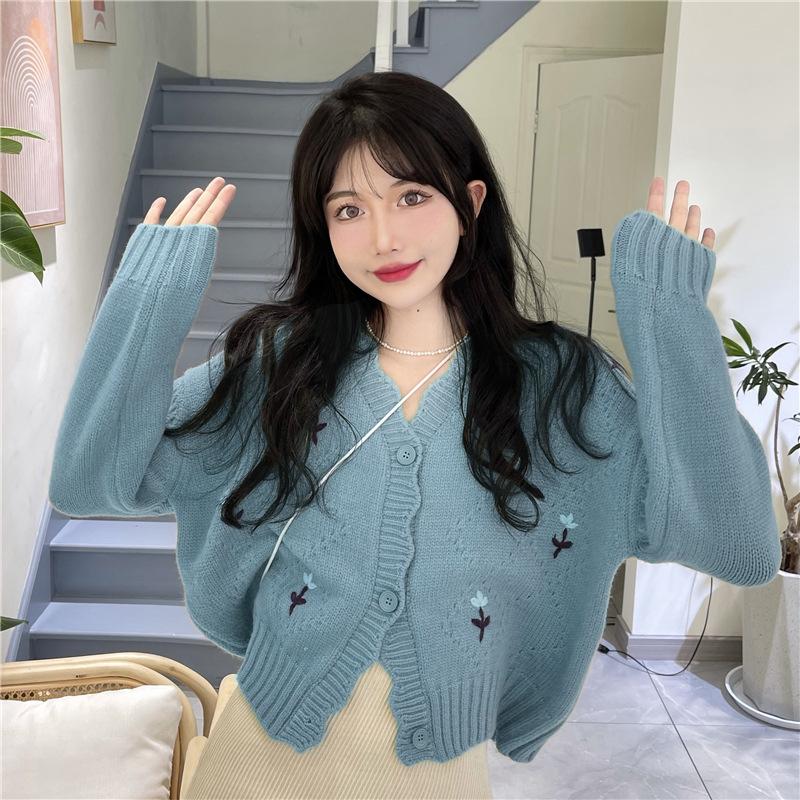 Sweter Bawahan Rajutan Pendek Jaket Kardigan Lengan Panjang Bunga ...