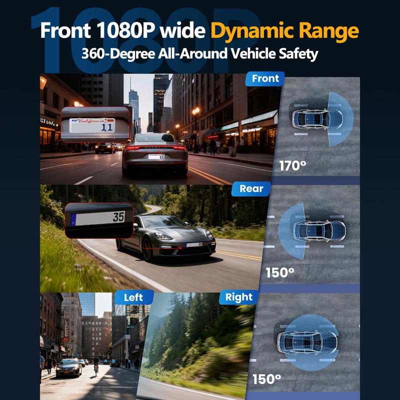 4 Channel 1080P Dash Cam Front Rear Left Right, 170° Wide Angle Car ...