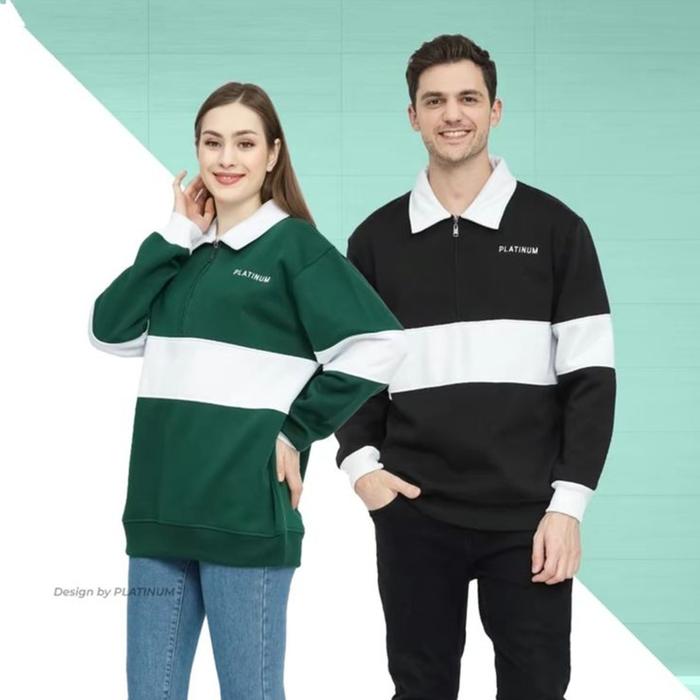Promo PLATINUM WORLD Sweatshirt Crewneck HALF ZIPP Rugby Kombinasi Pria ...