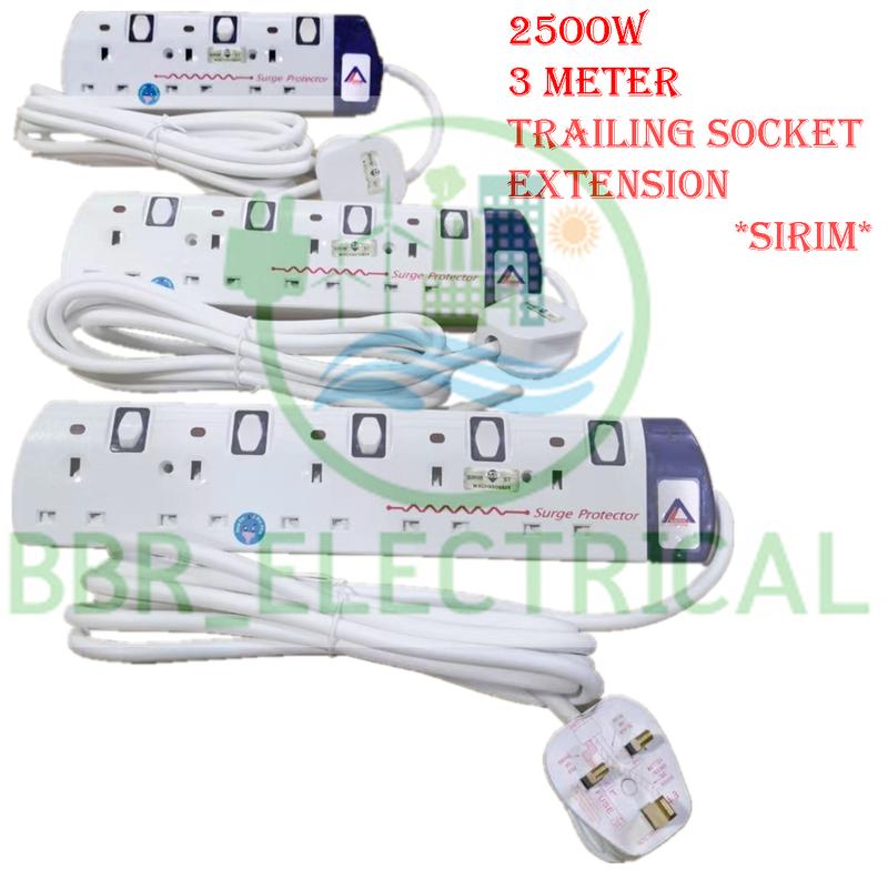 3WAY / 4WAY / 5WAY 2500W 3 METER TRAILING SOCKET EXTENSION PLUG ...