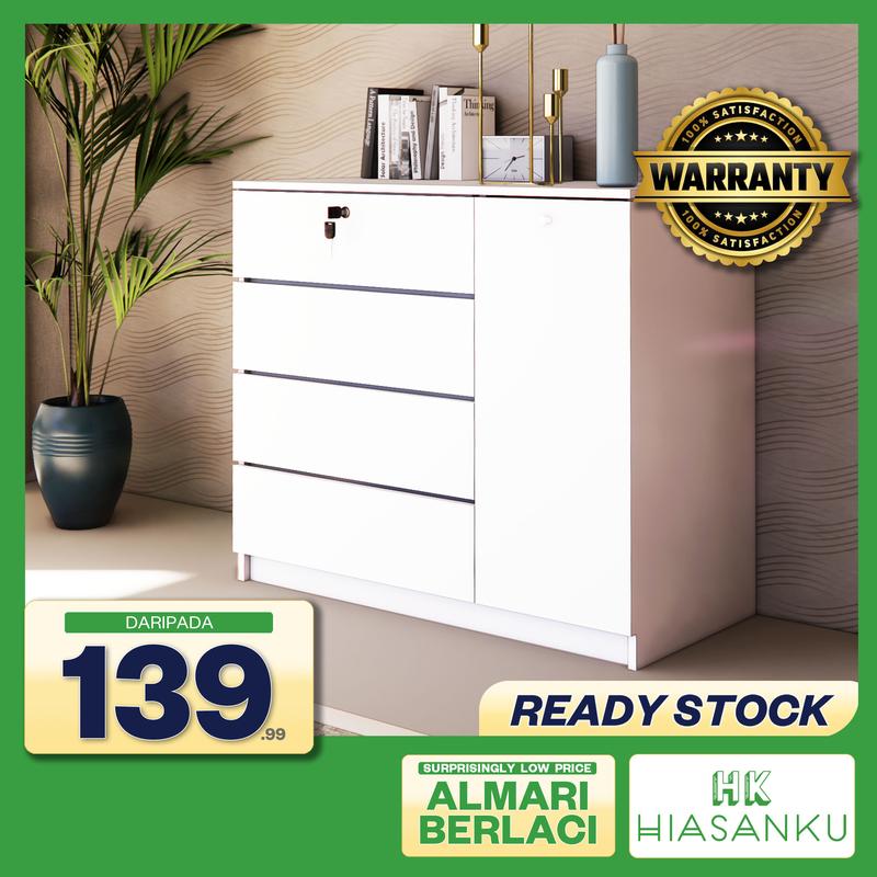 HK Almari Baju Laci/4 Chest Drawer with Lock & Door/Bedroom Furniture ...