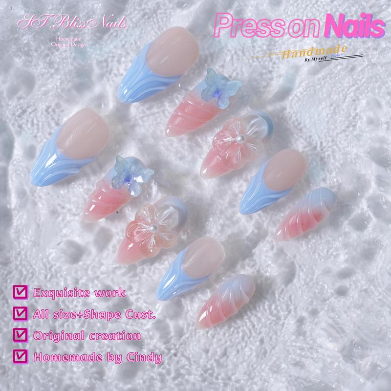 [Homemade][Q048]Press on nails;Almond,Blue,Blush,3D Flowers,Handcarved ...