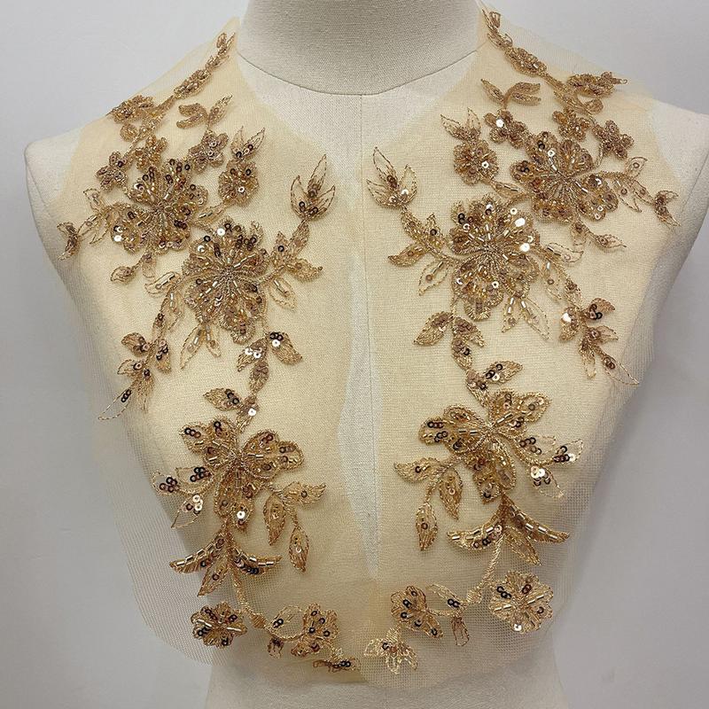 Kain Tampalan Sulaman Manik Emas, Applique Labuci, Rekaan Bunga, 1 ...