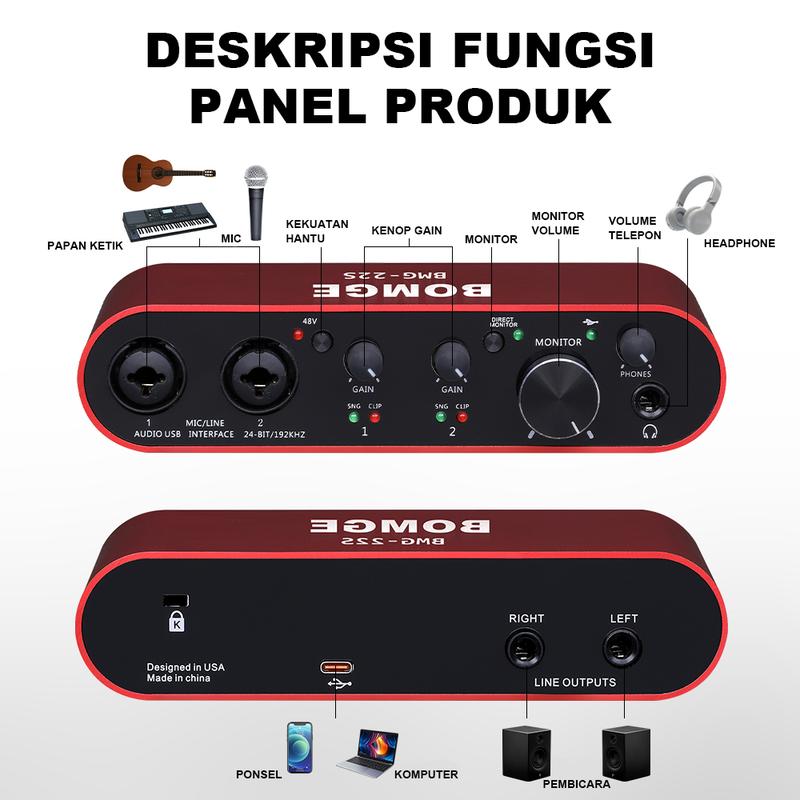 BOMGE 22S Audio Interface USB SoundCard SOLO Red with XLR/48V Phantom ...