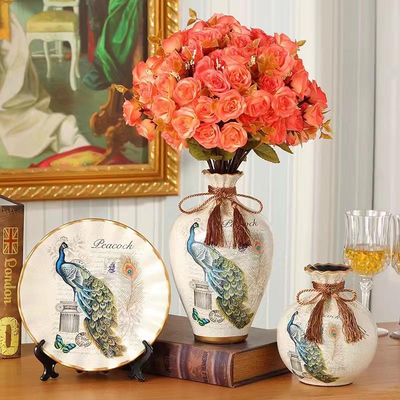 【Spot】European peacock vase three-piece set of living room porch ...