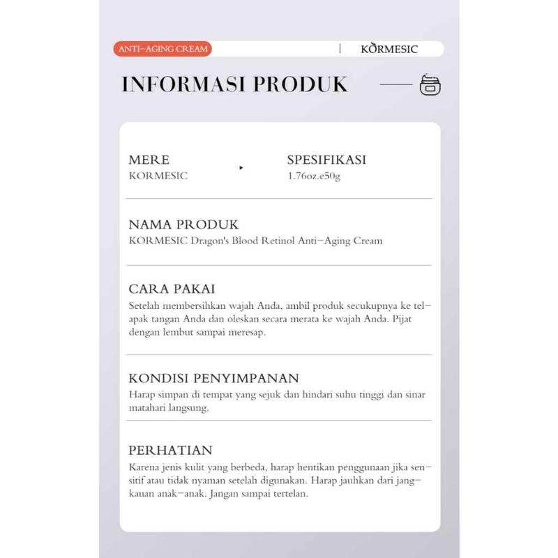 KORMESIC Dragon's Blood Retinol Anti-Aging Cream 50g Mengurangi Kerutan ...