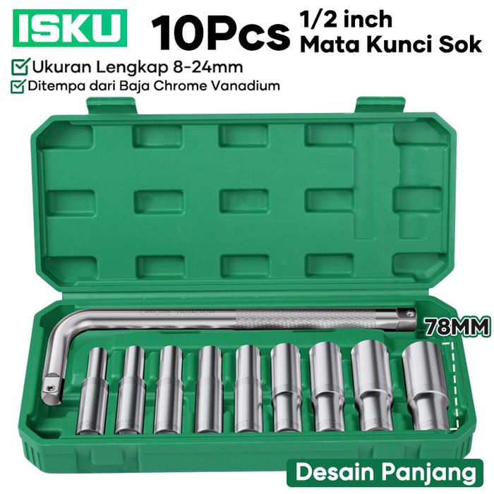 Promo ISKU Deep Socket Set 10 Pcs 1/2 Inch 8-24mm Mata Sok Panjang CR-V ...