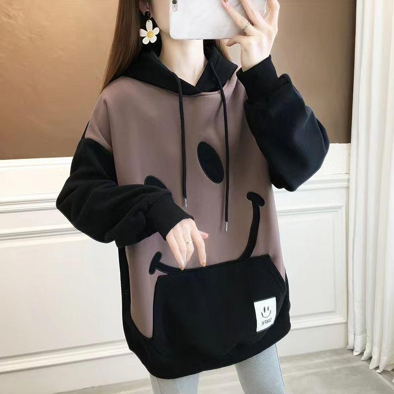 Baju peluh bertudung baldu wanita, longgar, tebal, warna kontras ...
