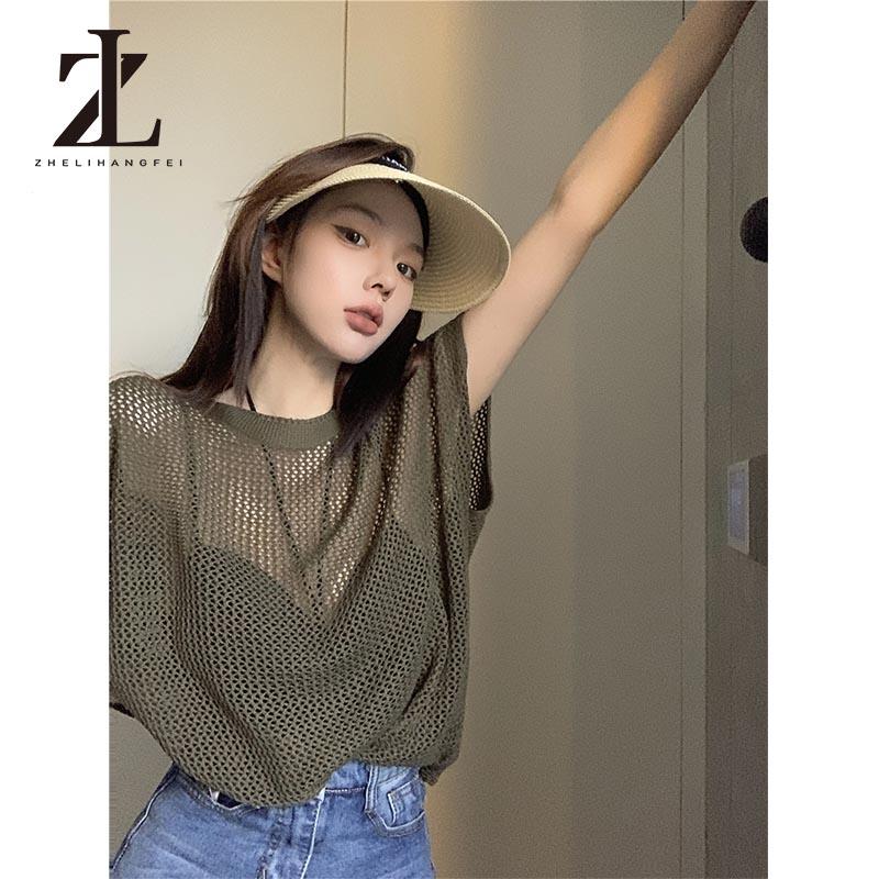Temperament see-through cut-out knit sweater loose fashion short ...