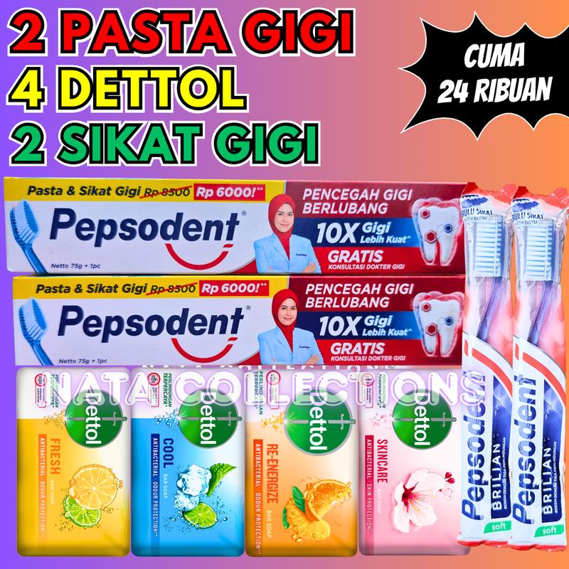 PAKET 2 PASTA GIGI PEPSODENT MERAH + 4 SABUN DETTOL + BONUS 2 SIKAT ...