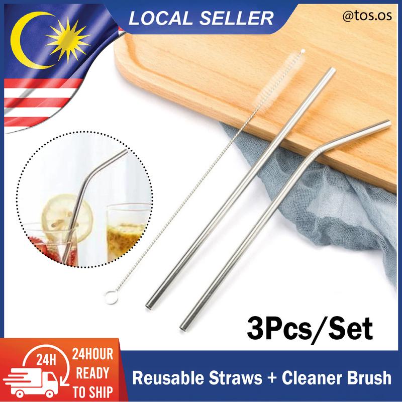 3Pcs/Set Stainless Steel Straw with Cleaning Brush Reusable Drinking ...