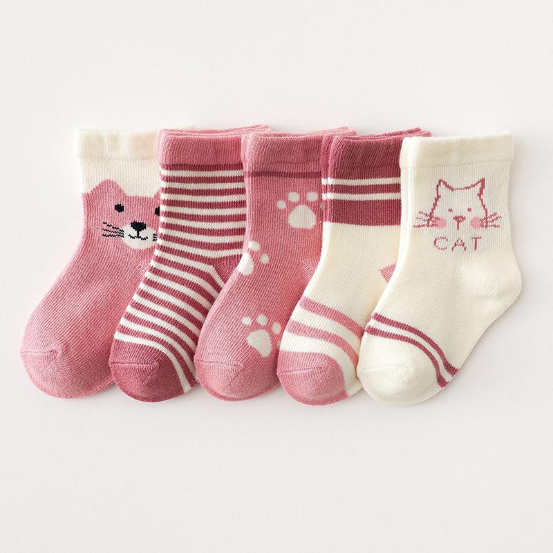 5Pairs Pink Cat Kids Girls Socks Four Seasons Cotton Mid Tub - TikTok ...