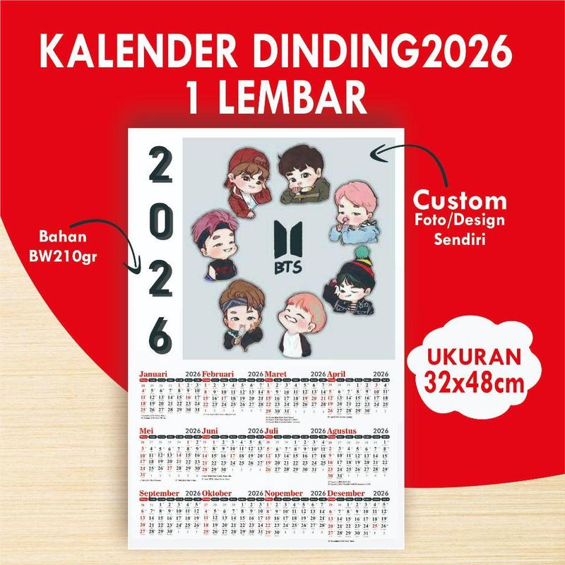 KALENDER DINDING 2026 CUSTOM DESAIN FOTO KALENDER 1 LEMBAR 12 BULAN ...