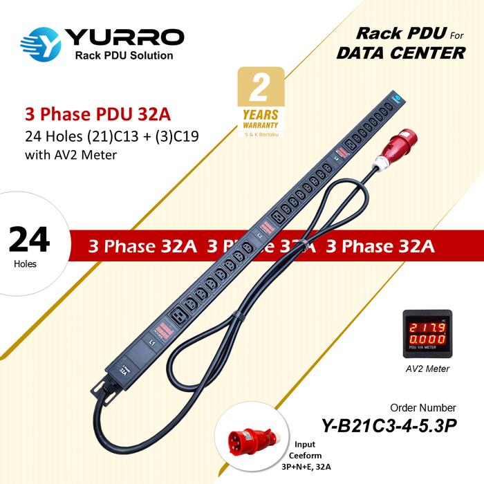 Jual 24 Holes 3Phase PDU 32A with AV2 Meter Mix. Socket C13 + C19 Power ...