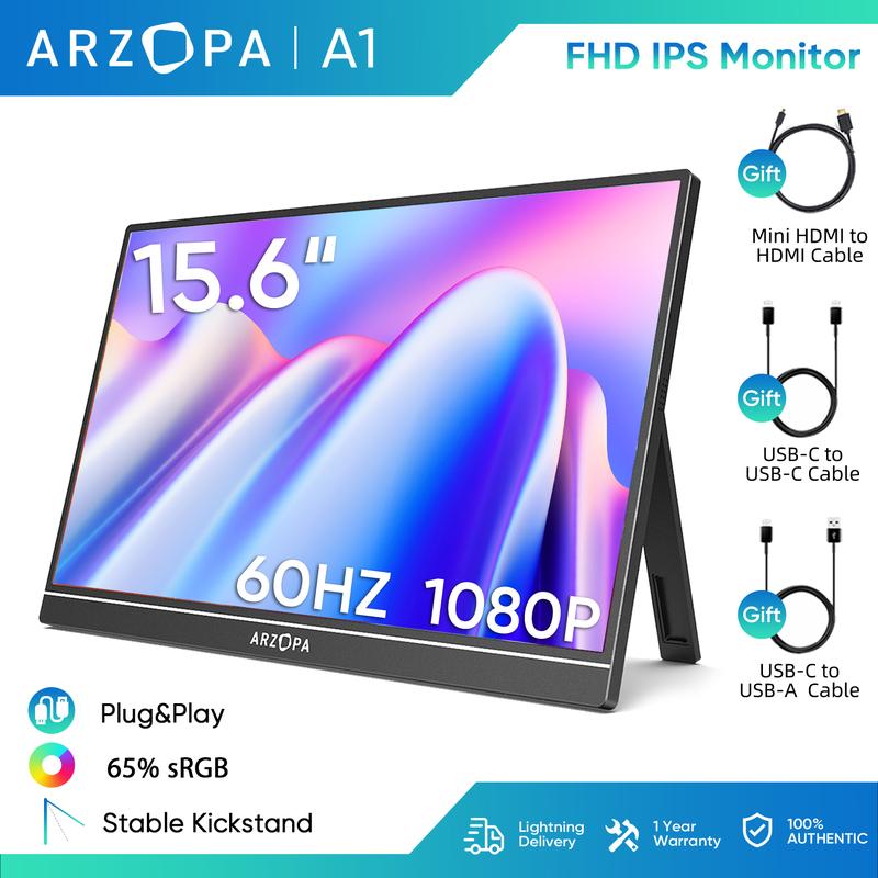 ARZOPA Monitor Mudah Alih, Ultra-Nipis, Paparan IPS FHD, 1920x1080P ...