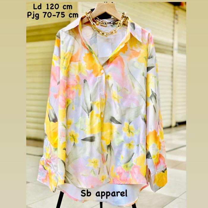 Jual New kemeja atasan wanita kalem motif bunga kuning Ld 120cm Pjg 70 ...