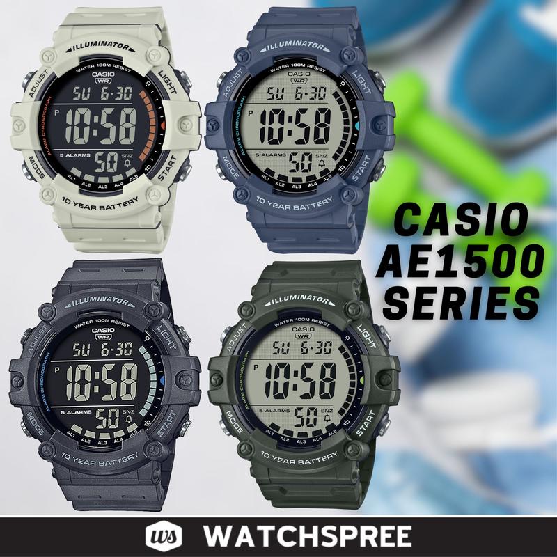 Casio Men's Digital AE-1500 Series Dual Time Extra Long Resin Band ...