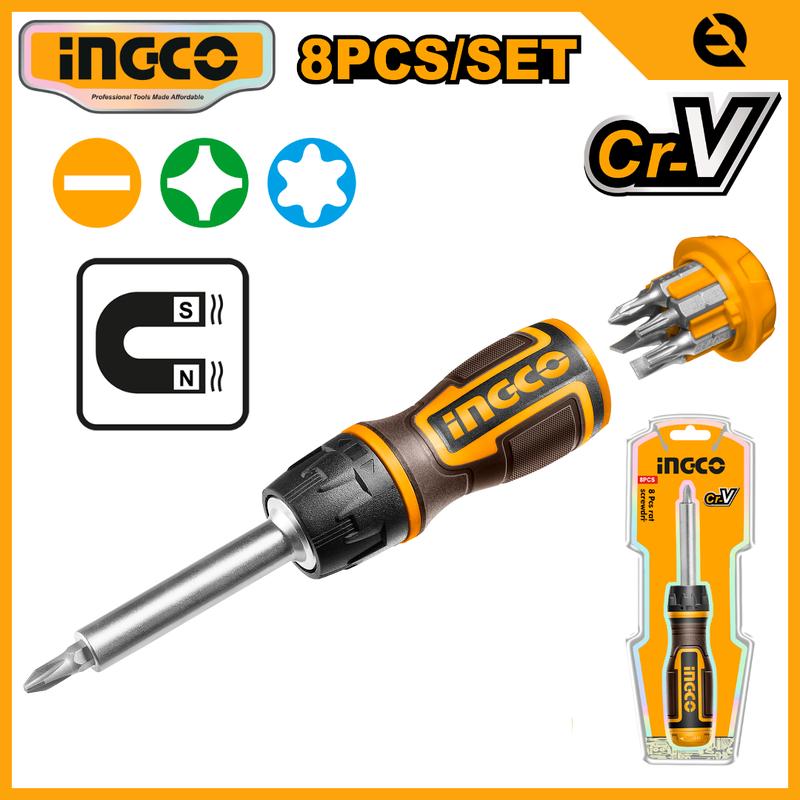 INGCO 8PCS RATCHET SCREWDRIVER SET CR-V HIGH QUALITY HANDLE HAND ...