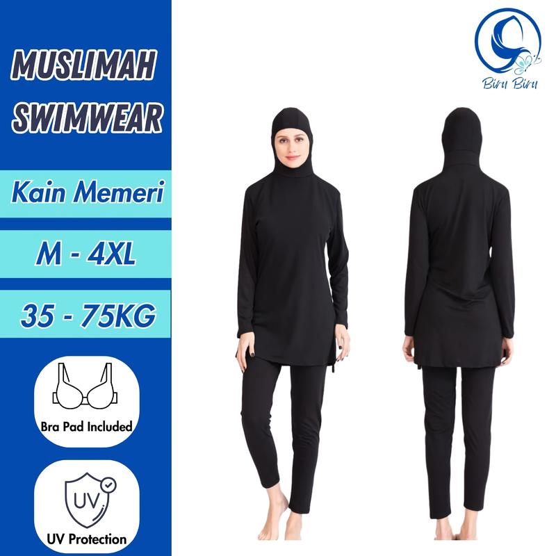 Biru-Biru Plain Black Full Coverage Baju Renang Muslimah Swimwear ...