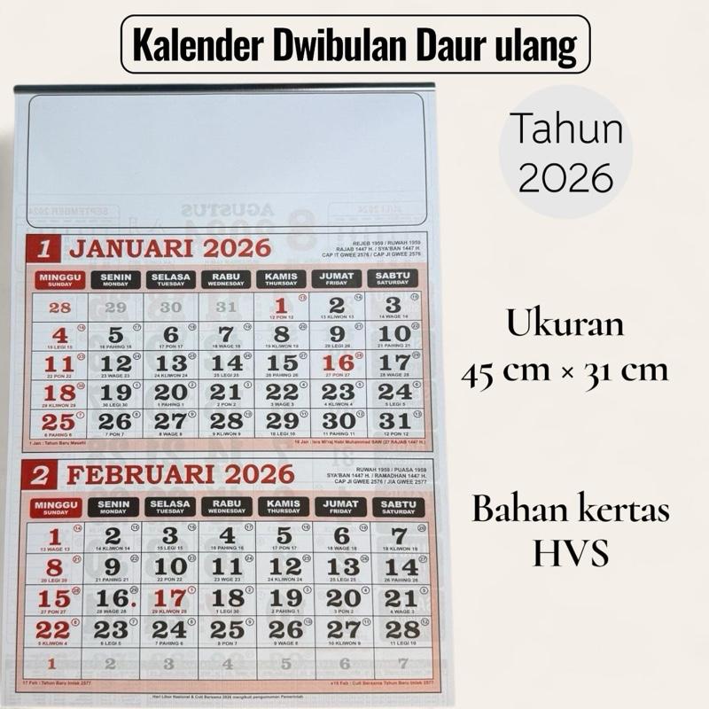 Kalender kerja dwibulan tahun 2026 6 lembar 2 bulanan ukuran 31x45cm ...