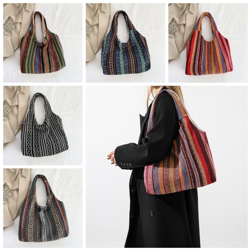 Beg Tangan Gaya Etnik, Kapasiti Besar, Kasual, Jalur Kanvas, Beg Tote ...