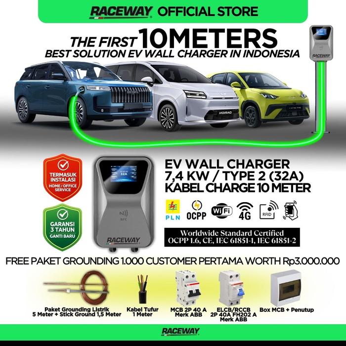 Promo 10 Meter Wall Charger Mobil Listrik EV 7kW Free Instalasi Garansi ...